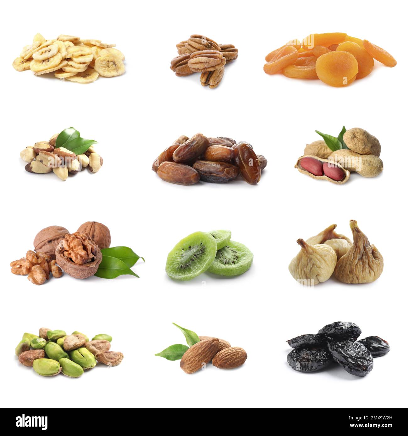 Set of different dry fruits and nuts on white background Stock Photo ...