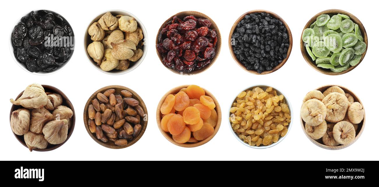Set of different dry fruits on white background, top view. Banner ...