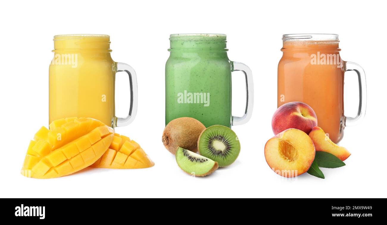 Different delicious smoothies in mason jars on white background. Banner ...