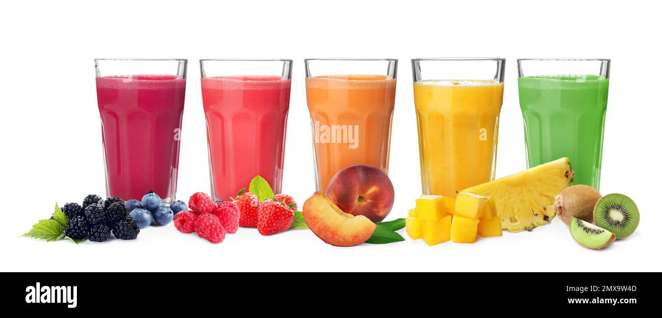 Different delicious smoothies in glasses on white background. Banner ...