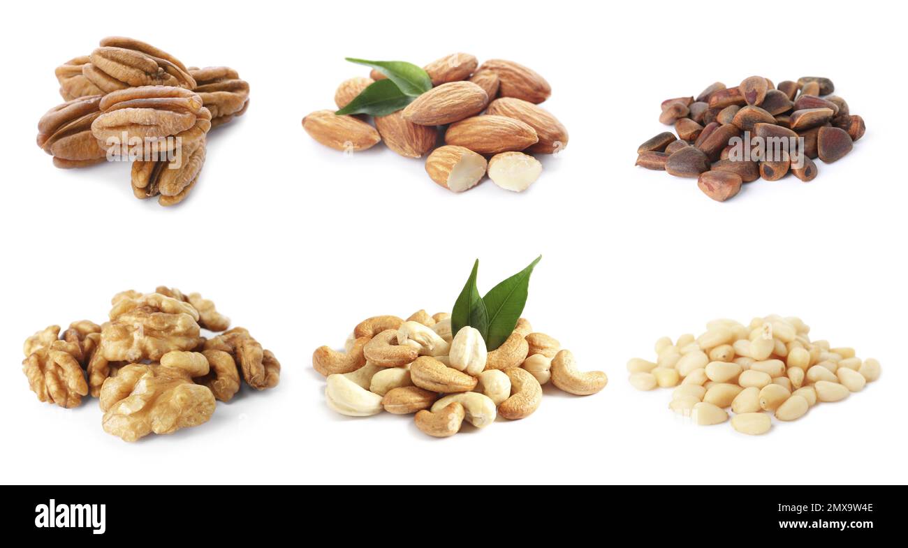 Set of different nuts on white background Stock Photo - Alamy
