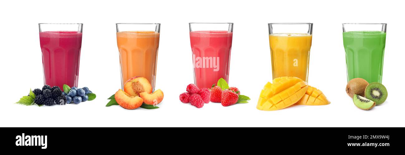 Different delicious smoothies in glasses on white background. Banner ...