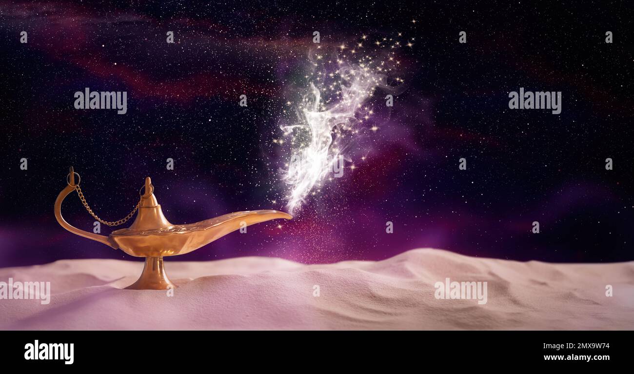 Genie appearing from magic lamp of wishes. Fairy tale Stock Photo - Alamy