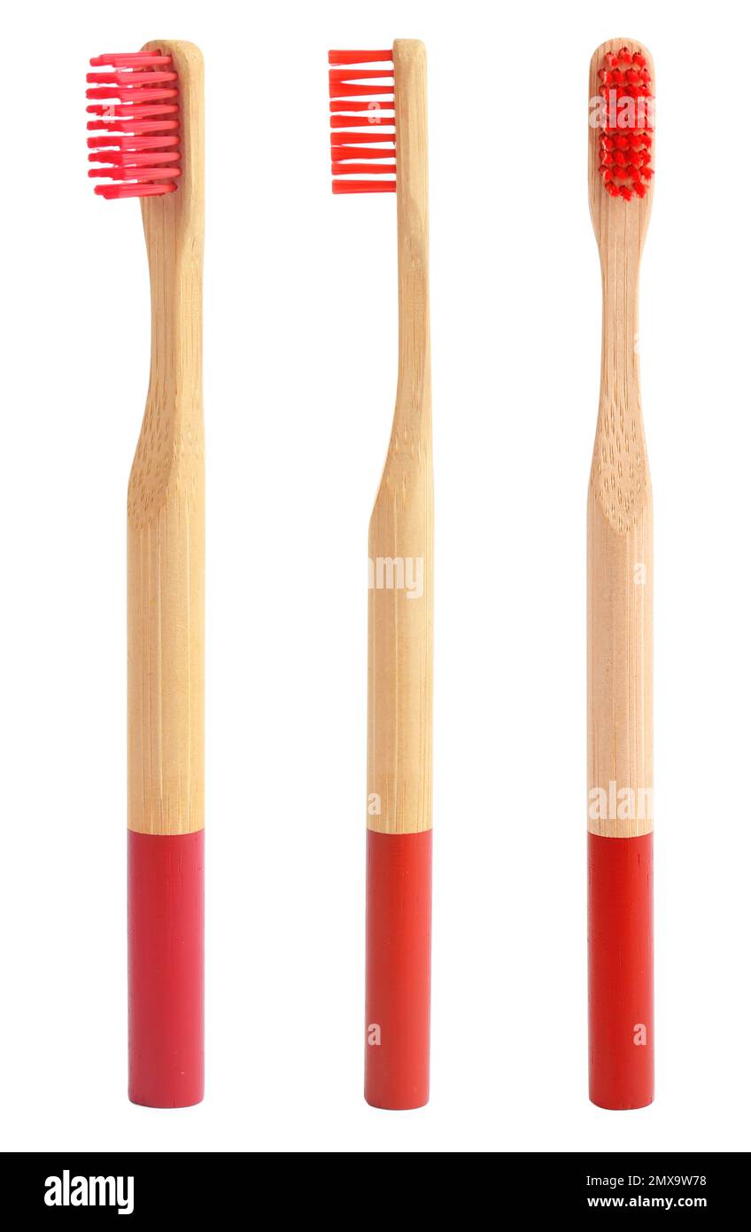 Set of bamboo toothbrushes with red bristles on white background Stock ...