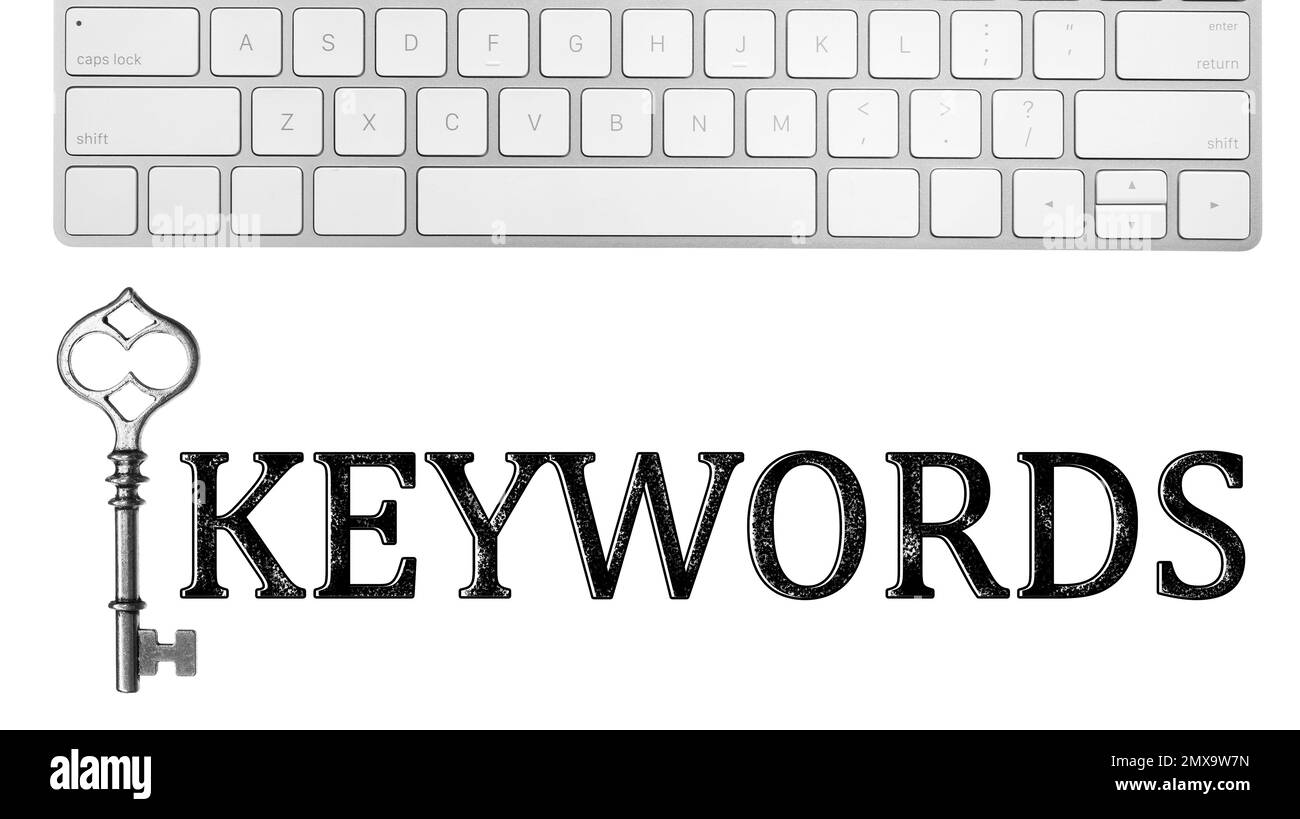 Word Keywords, computer keyboard and key on white background. SEO ...