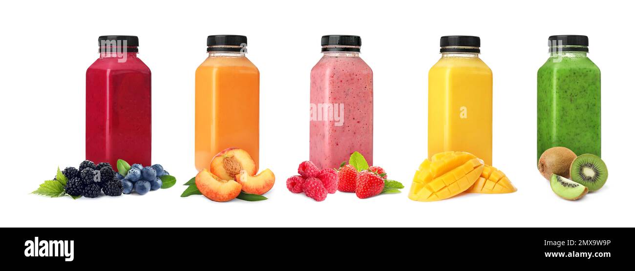 Different delicious smoothies in bottles on white background. Banner ...