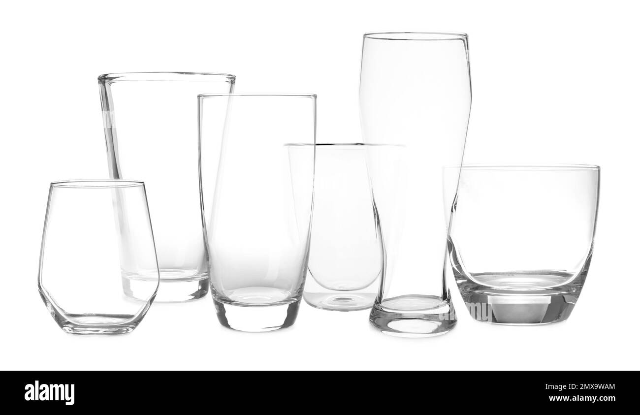 Set of empty glasses on white background Stock Photo - Alamy