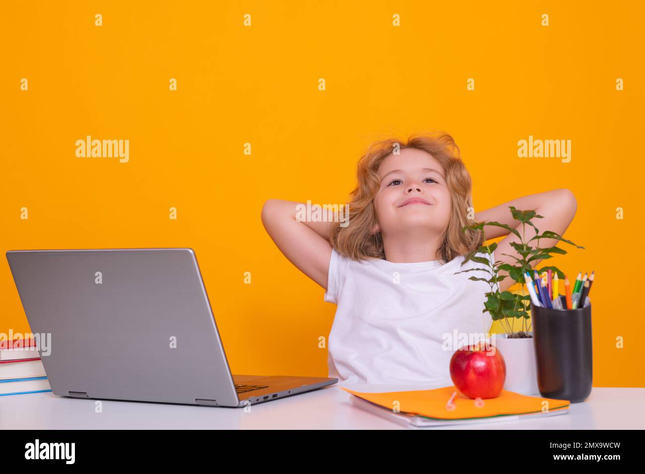 School child using laptop computer. School and kids. Cute blonde child ...