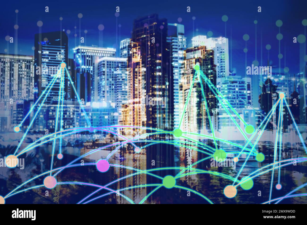 Beautiful cityscape and network connection lines Stock Photo - Alamy