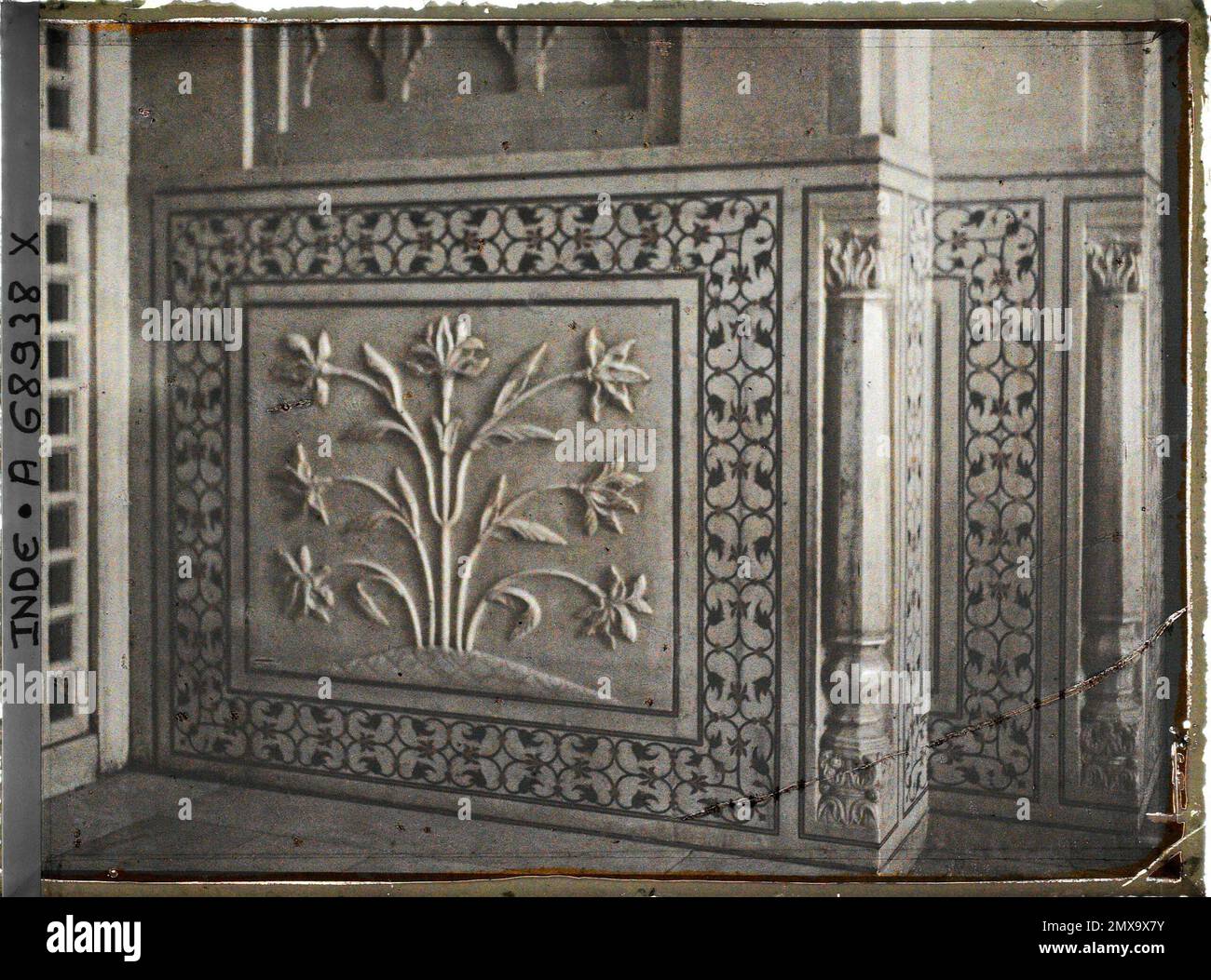 AGRA, India chiseled marble panel framed with friezes in pietra dura ...