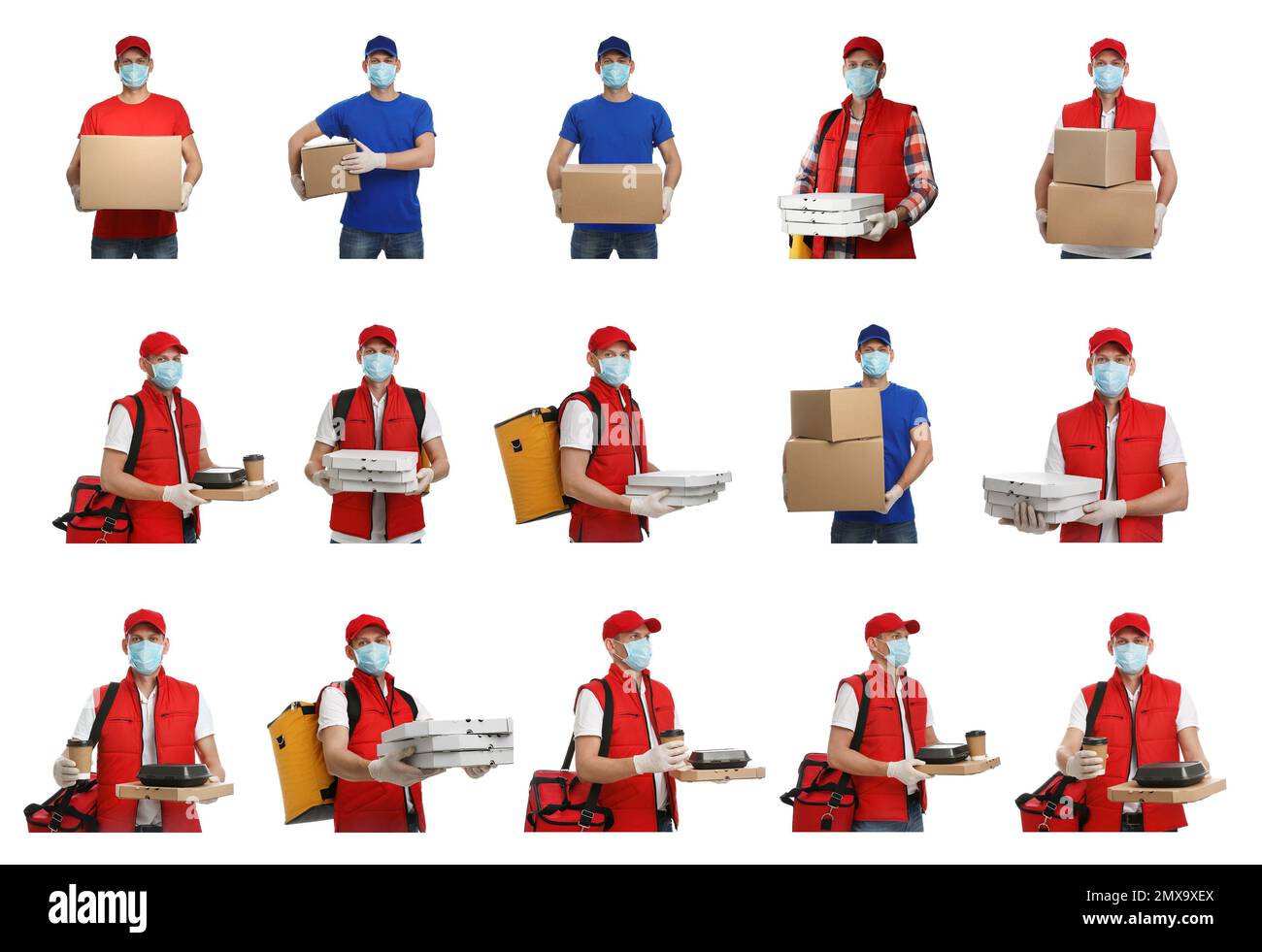Collage with photos of courier in protective mask holding orders and ...