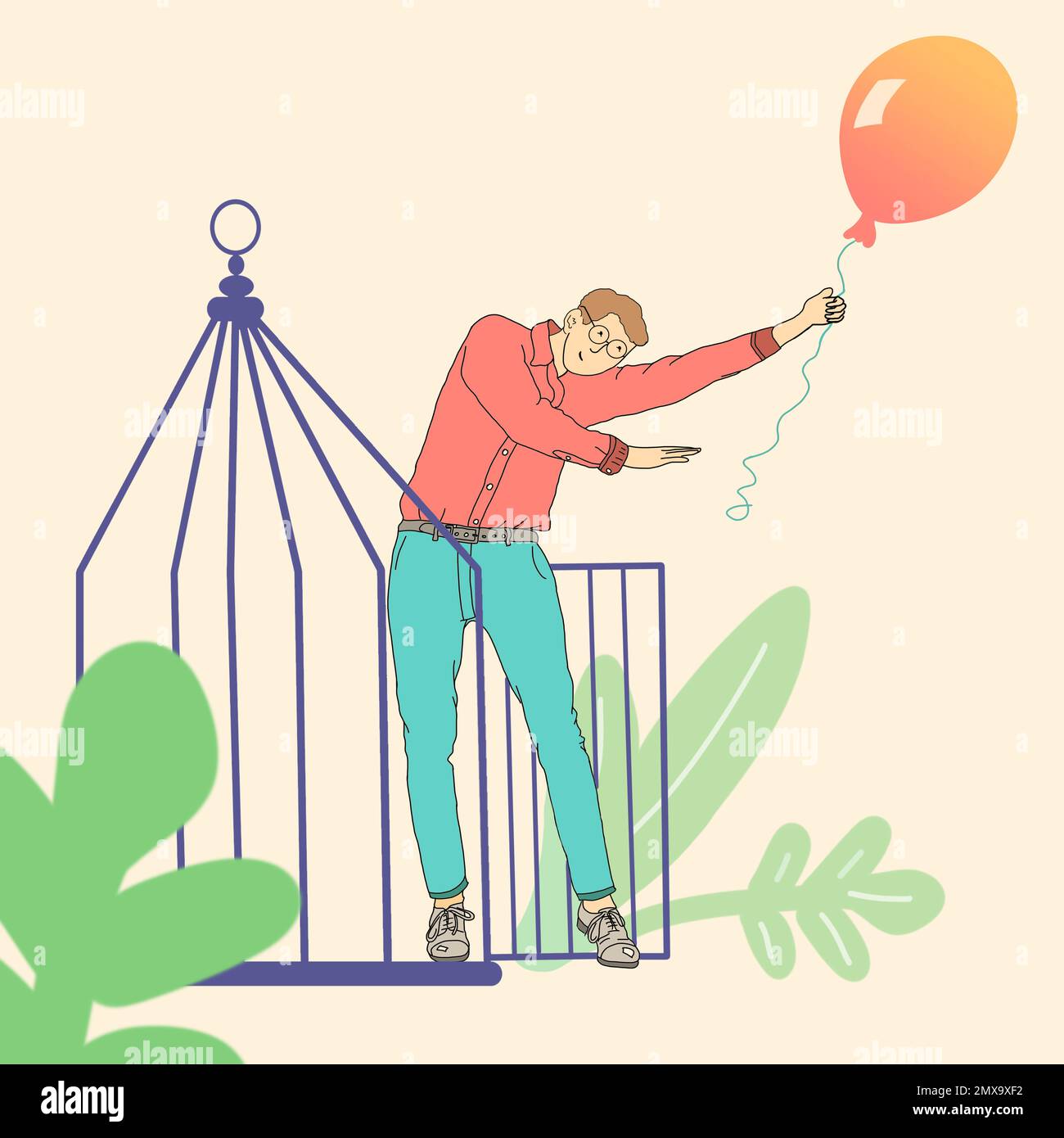 Beautiful illustration demonstrating sense of freedom. Man with balloon ...