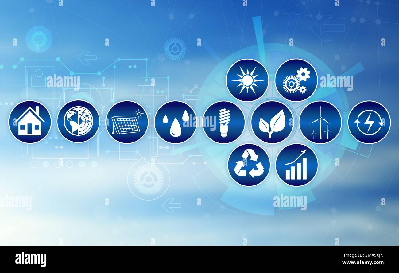 Energy efficiency concept. Different icons and sky on background Stock ...