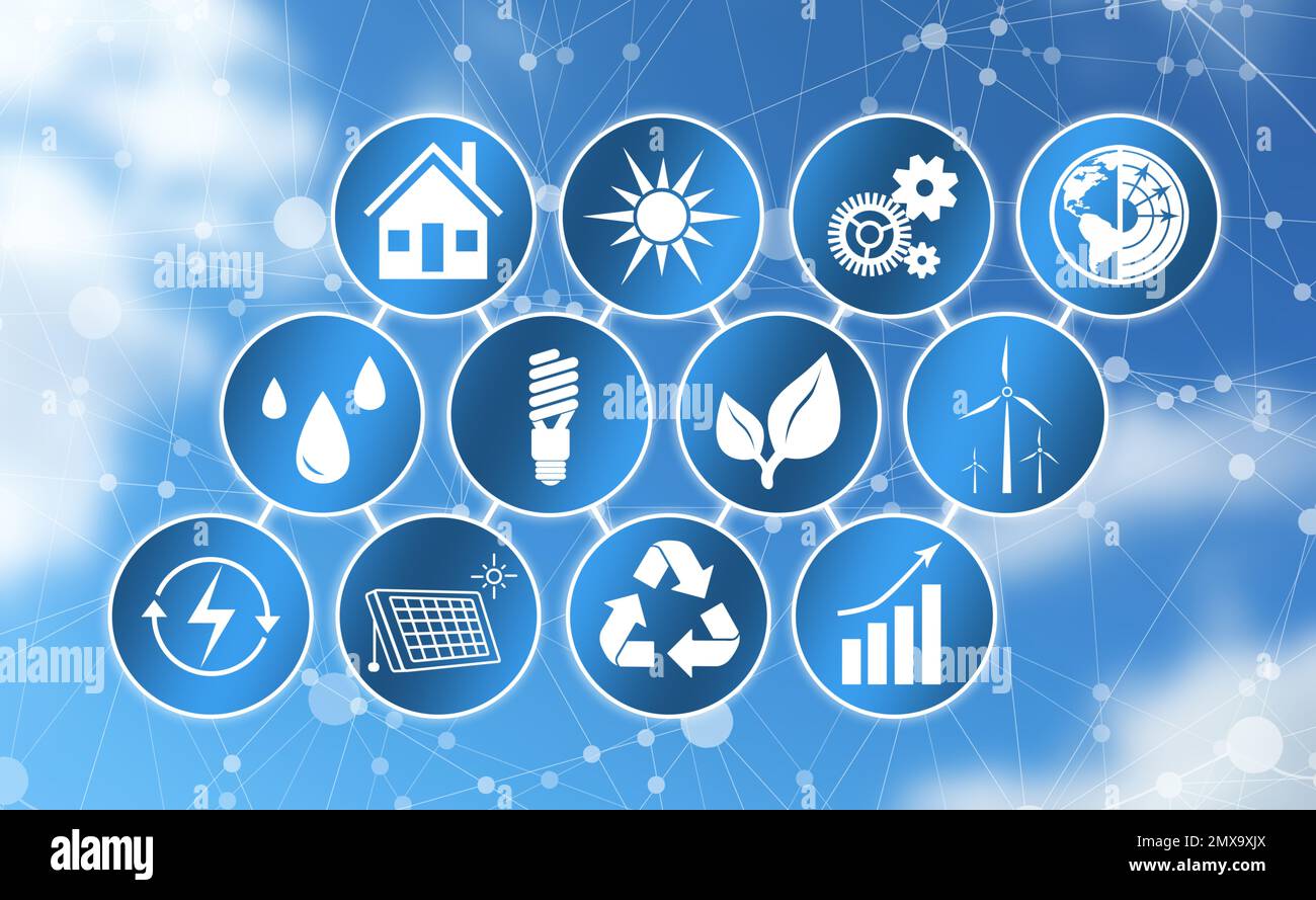 Energy efficiency concept. Different icons and sky on background Stock ...
