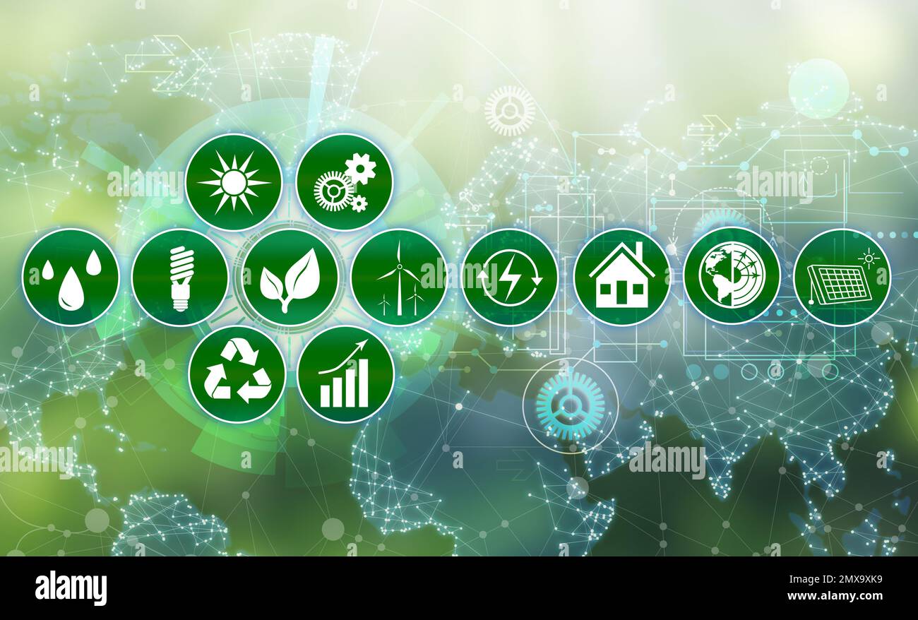 Energy efficiency concept. Different icons on green background Stock ...