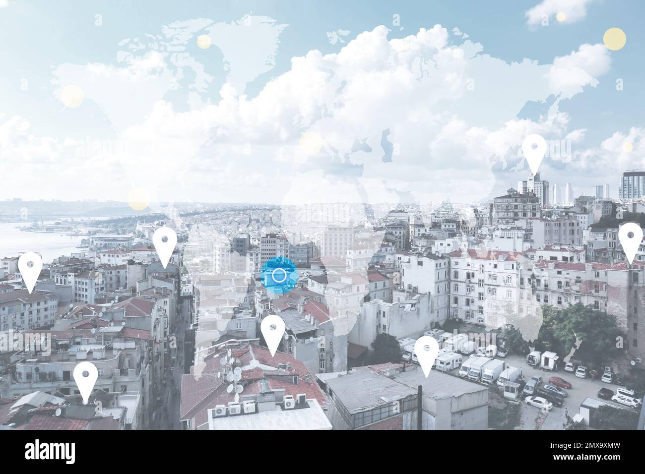 Location pins cityscape hi-res stock photography and images - Alamy