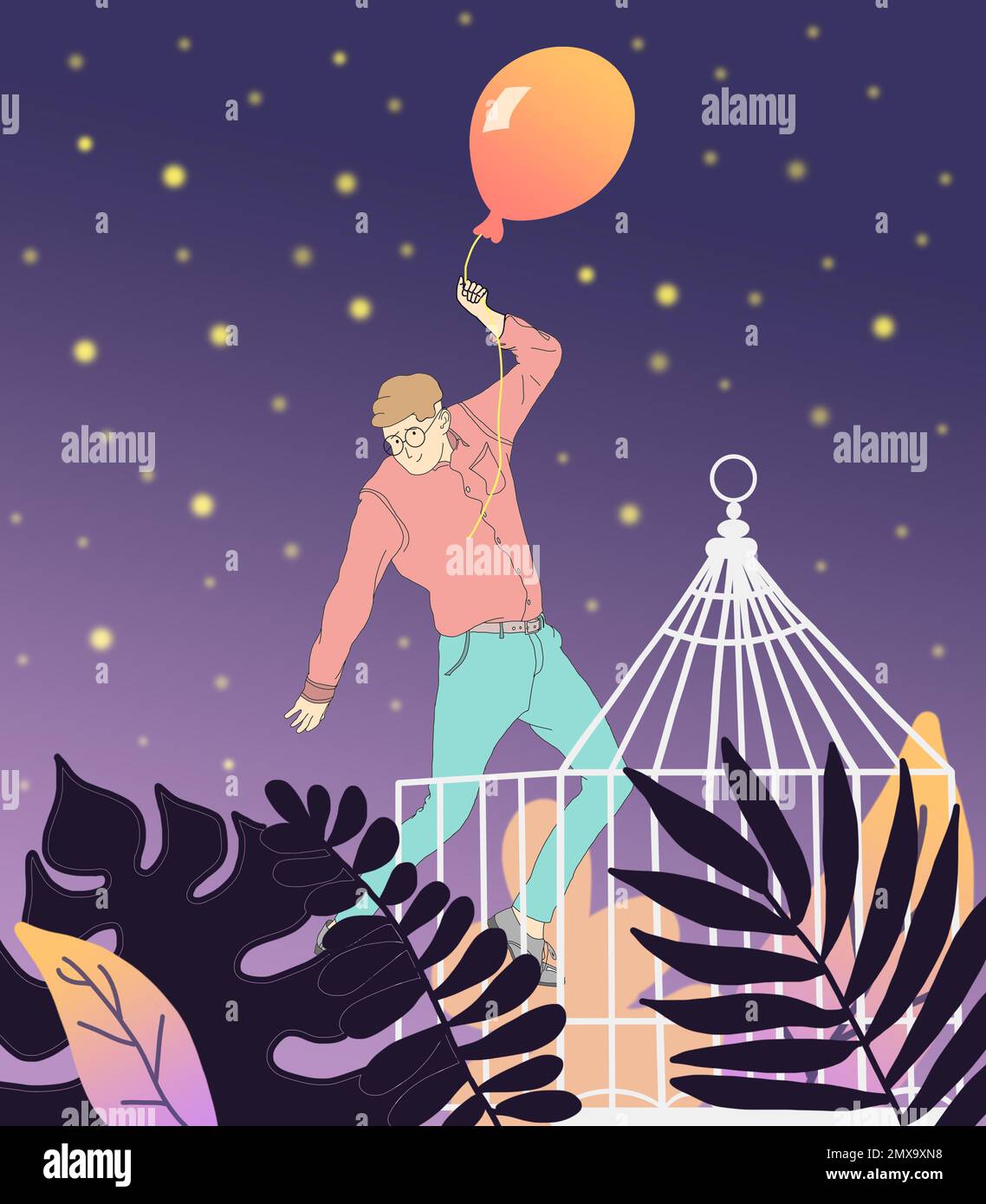 Beautiful illustration demonstrating sense of freedom. Man with balloon ...