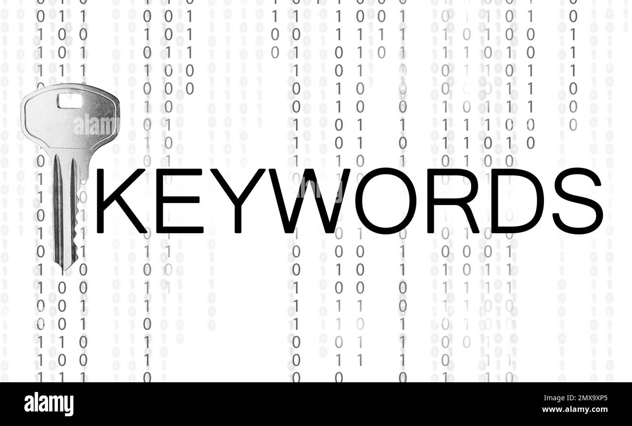 Word Keywords, key and binary code on white background. SEO direction ...