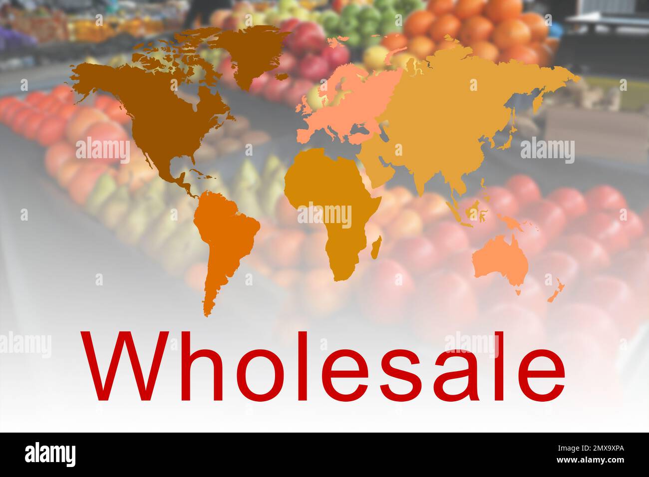 Wholesale business. World map and blurred view of fruits on counter at ...
