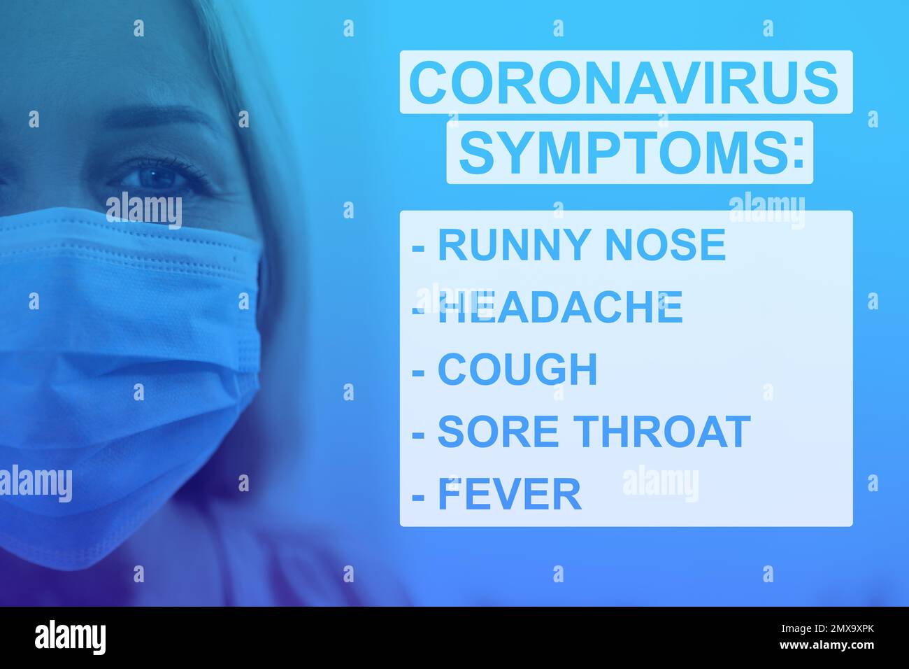 Mature woman with medical mask and list of coronavirus symptoms Stock ...