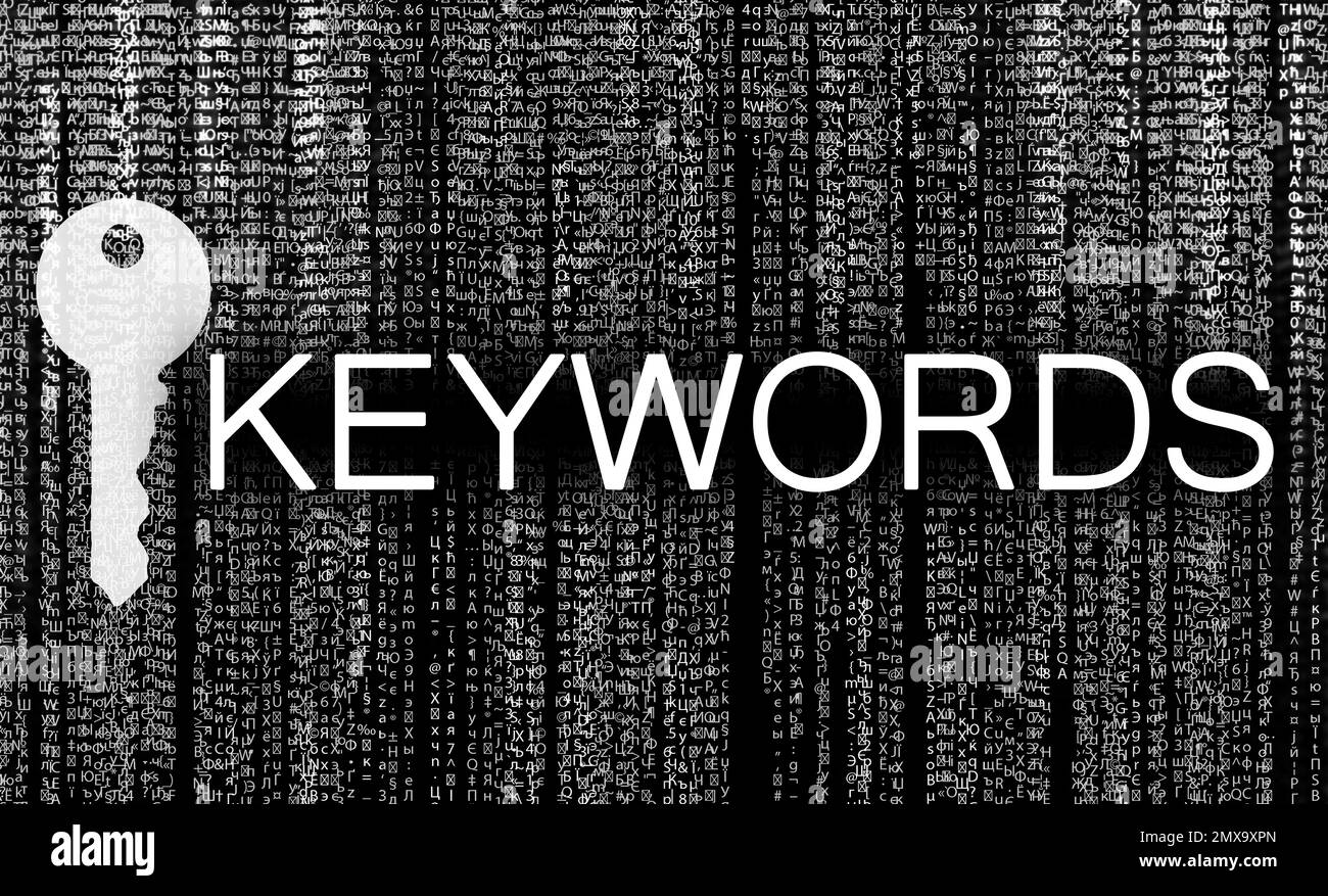 Word Keywords, key and digital code on black background. SEO direction ...