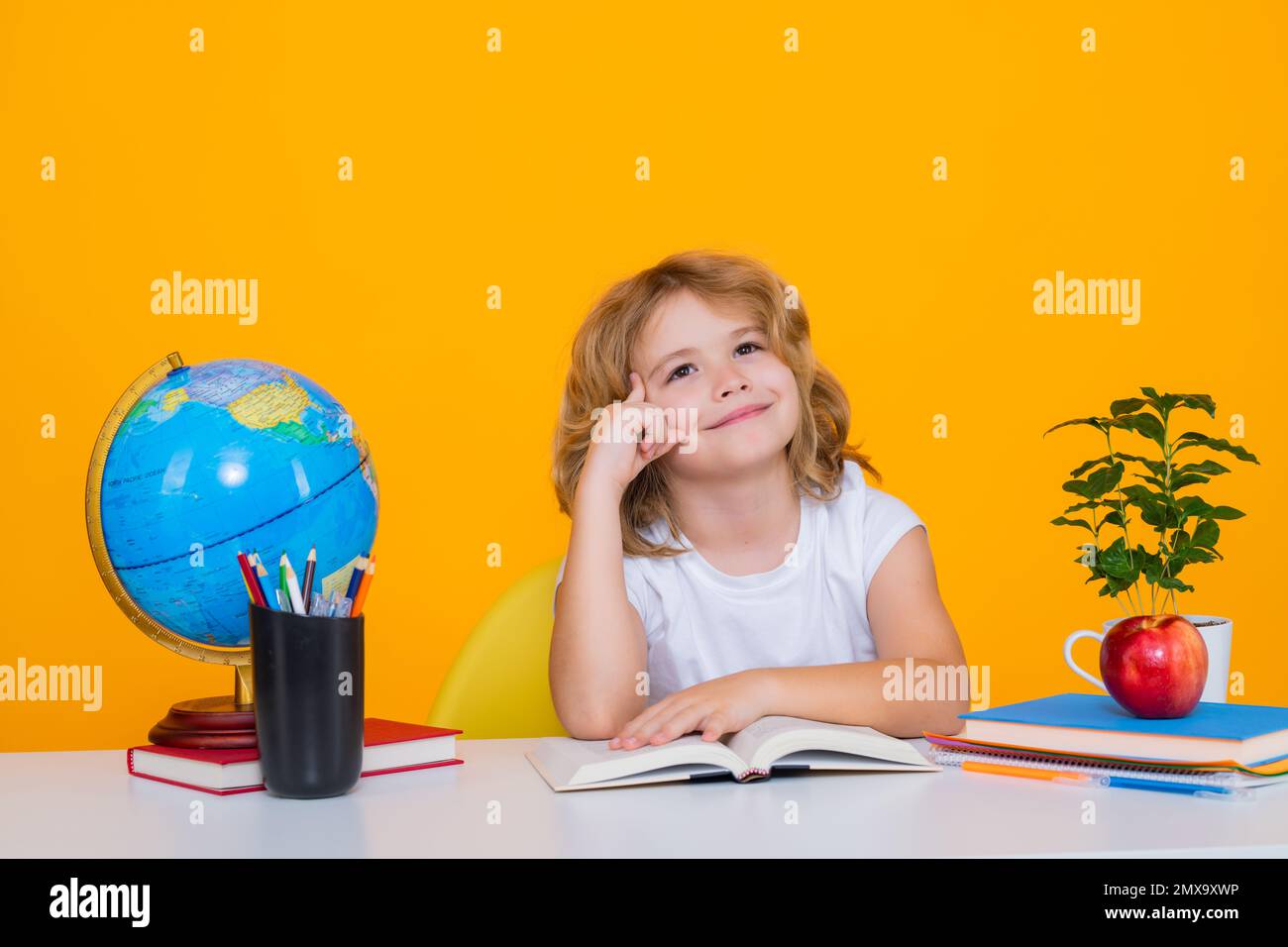 School child portrait isolated on yellow studio background. Kid boy ...