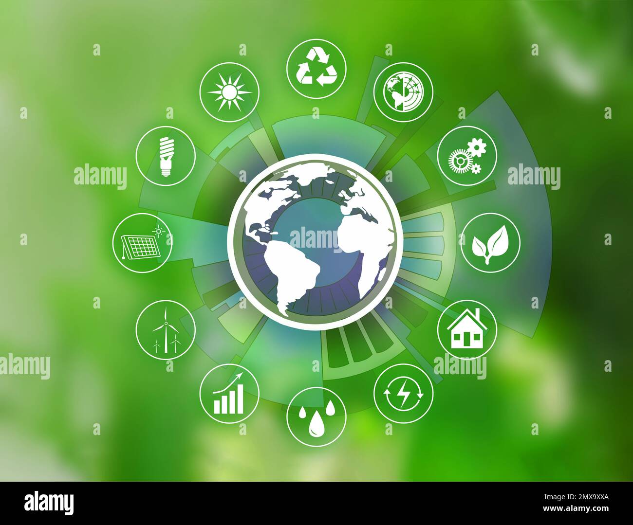 Energy efficiency concept. Different icons on green background Stock ...