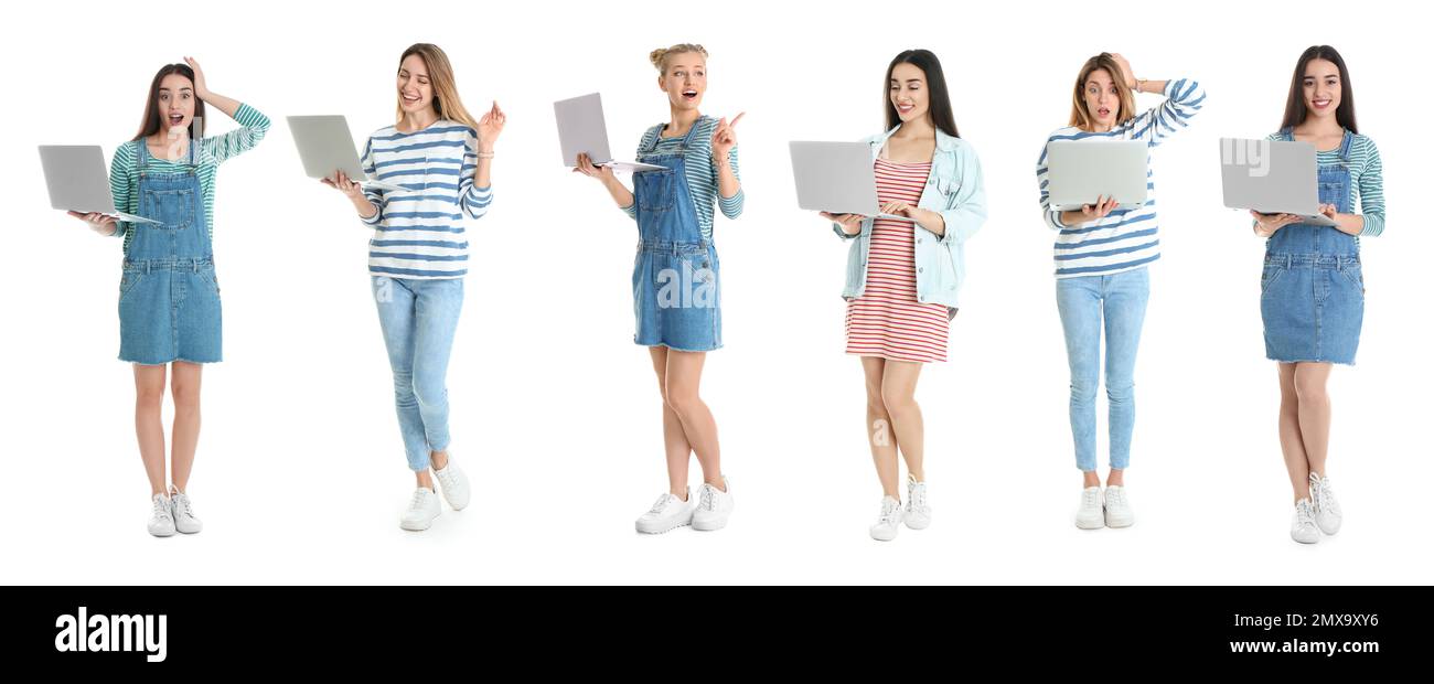 Collage of women with laptops on white background. Banner design Stock ...