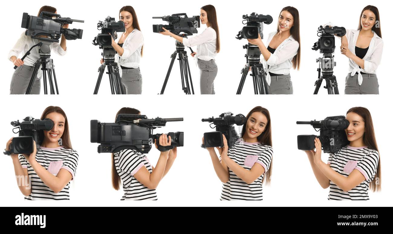 Collage of operator with professional video camera on white background ...