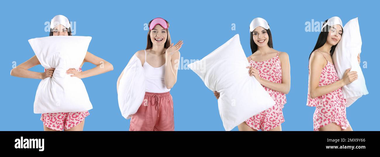 Collage of young women in pajamas with pillows against blue background ...
