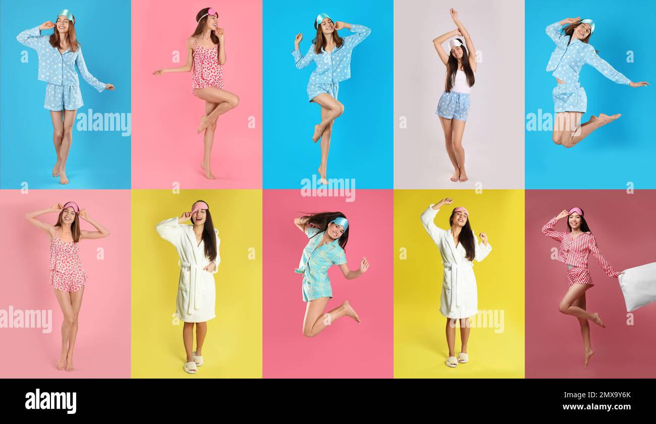 Collage of women with sleep masks on color background. Bedtime Stock ...