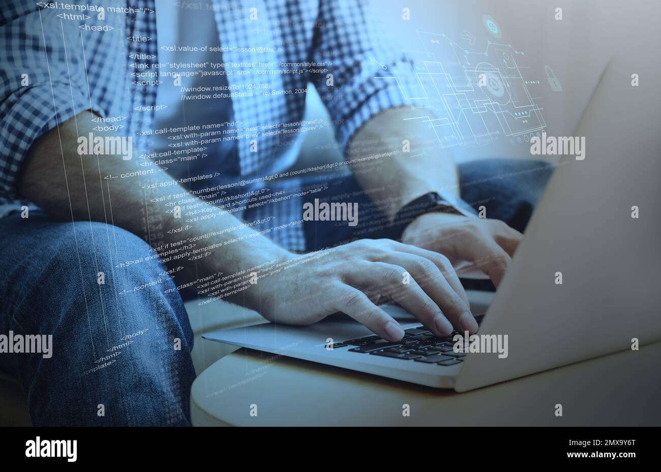 Hacker working with laptop indoors, closeup. Cyber attack Stock Photo ...