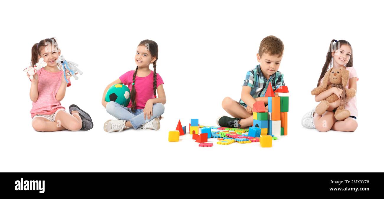 Collage of cute little children playing on white background. Banner ...