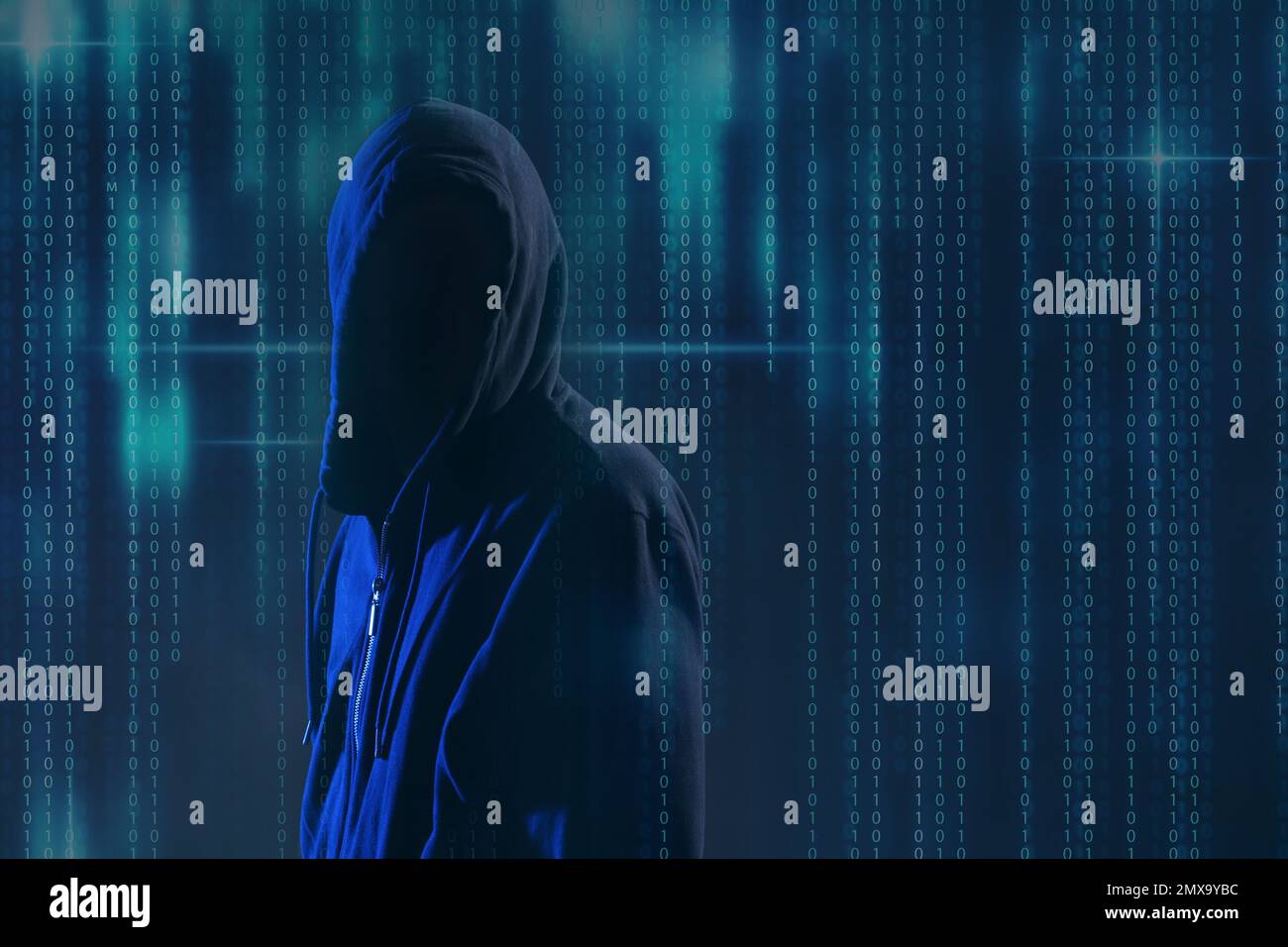 Hacker and digital binary code on dark background. Cyber crime concept ...