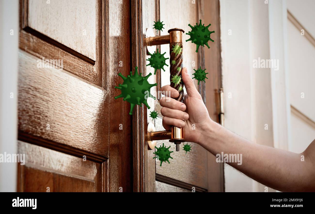 Abstract illustration of virus and man opening wooden door, closeup ...