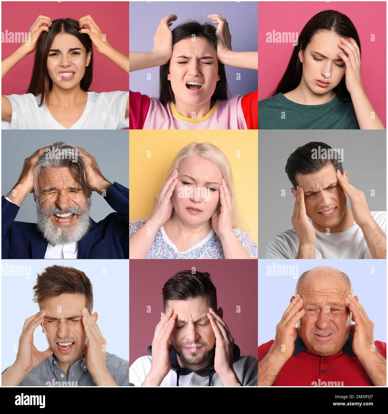 Collage with stressed people on different color backgrounds Stock Photo - Alamy