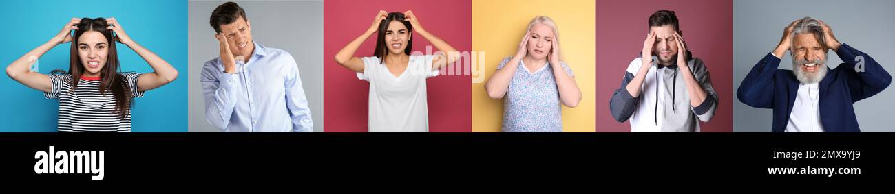 Collage with stressed people on different color backgrounds. Banner ...