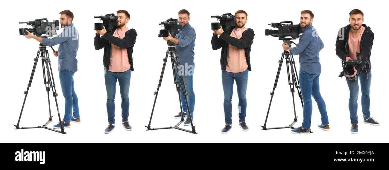 Collage of operator with professional video camera on white background ...