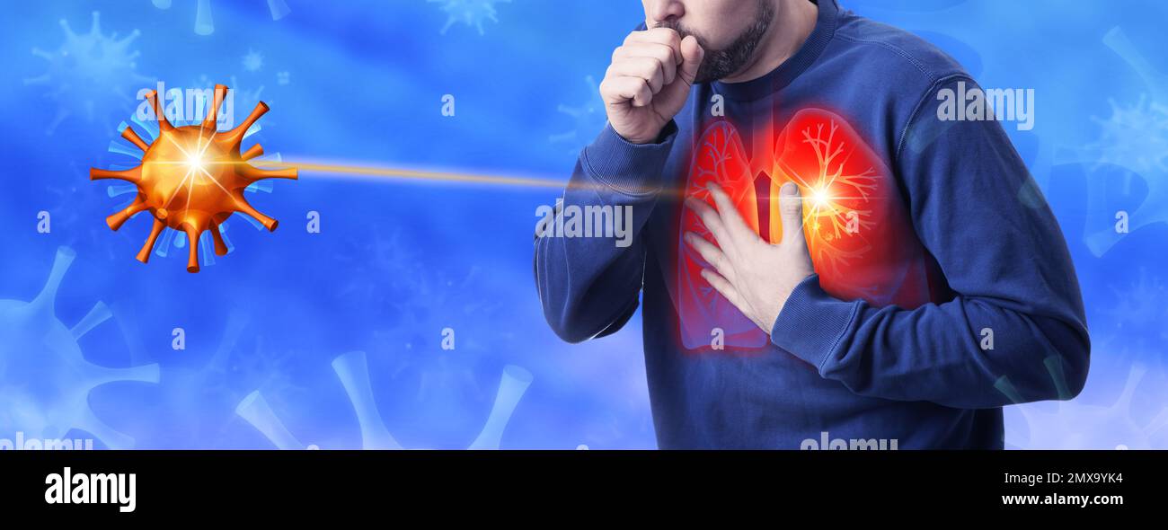 Respiratory virus affecting man on blue background Stock Photo - Alamy