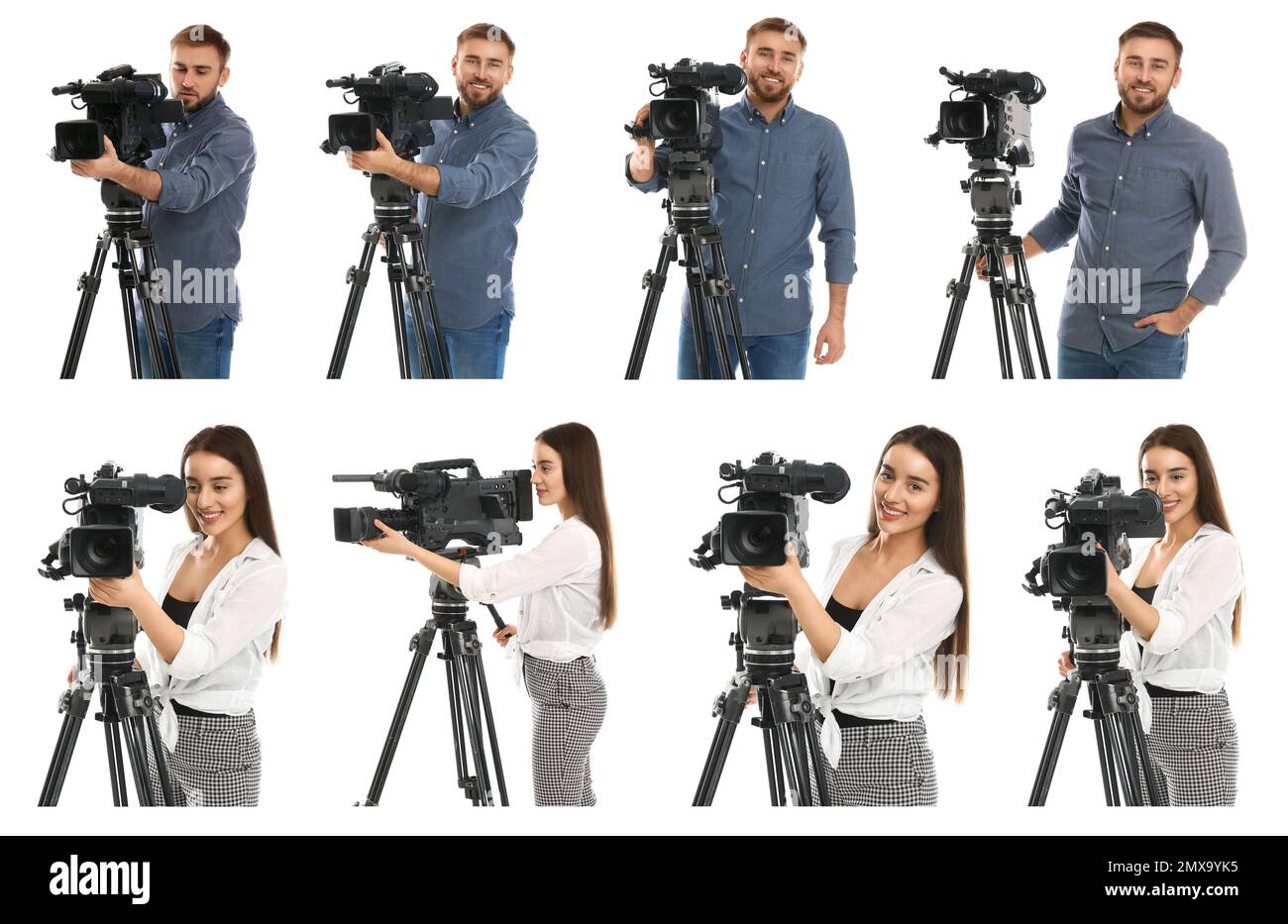 Collage of operators with professional video cameras on white ...