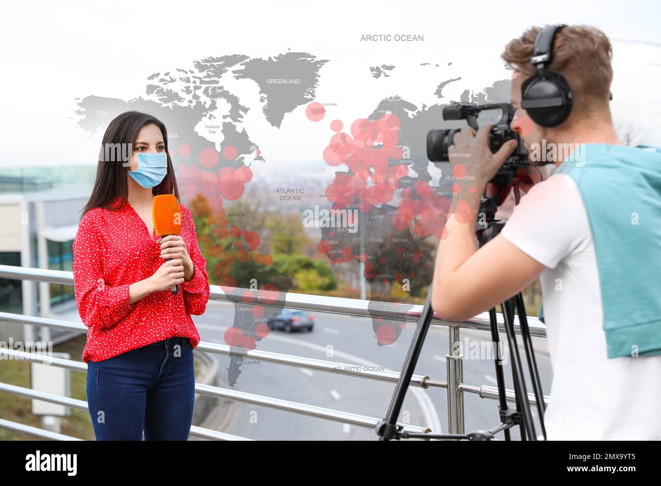 Journalist with medical mask presenting news during coronavirus ...