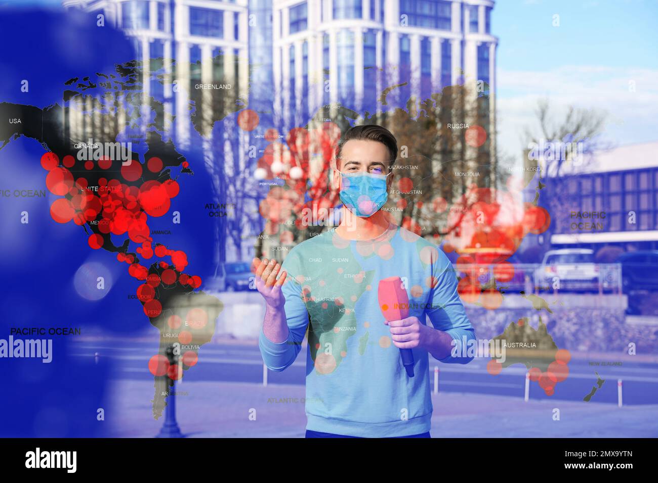 Journalist with medical mask presenting news during coronavirus ...