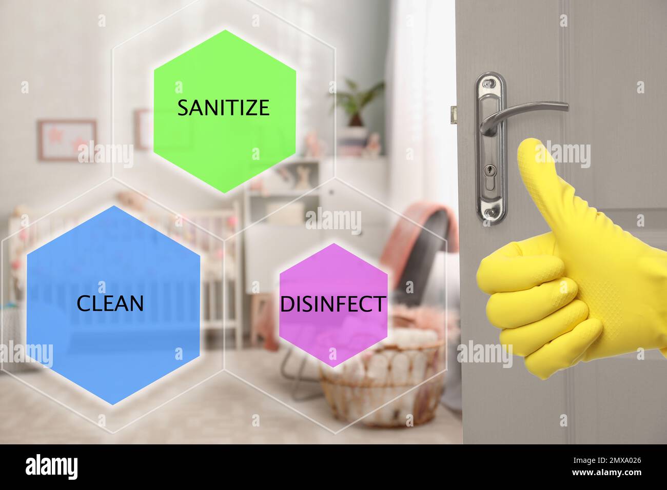 Keep your home virus-free. Woman showing thumb up in clean room Stock ...