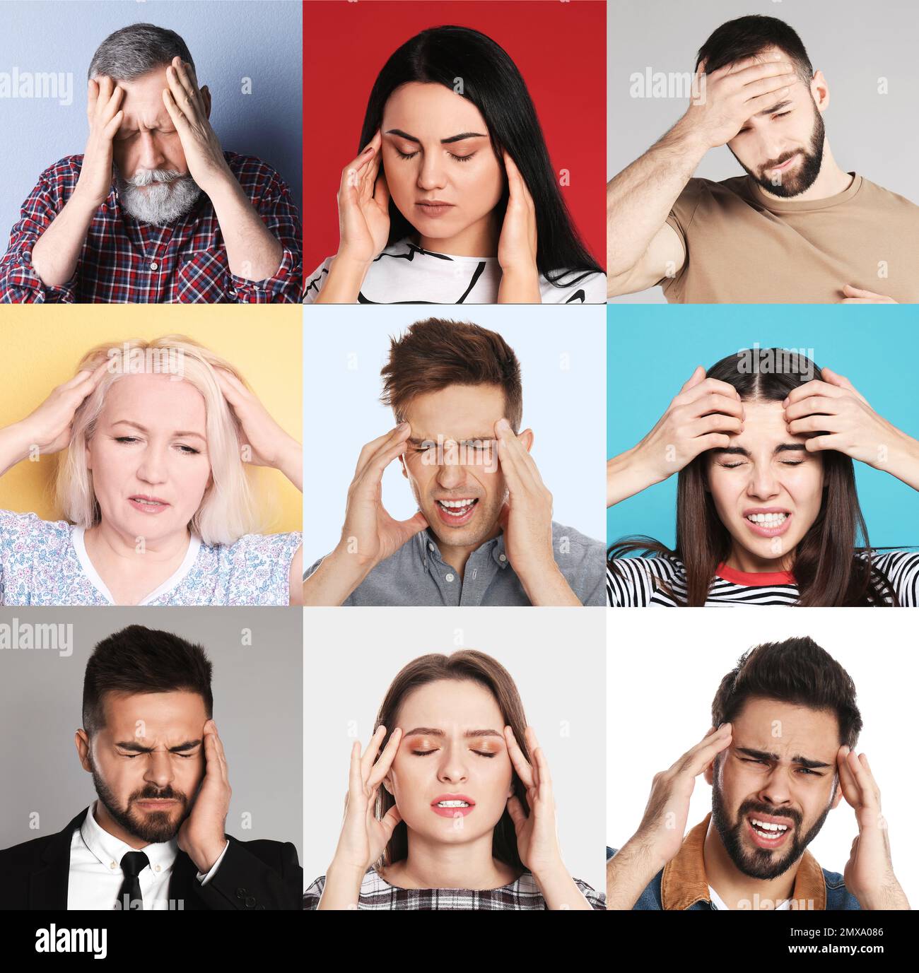 Collage with stressed people on different color backgrounds Stock Photo ...