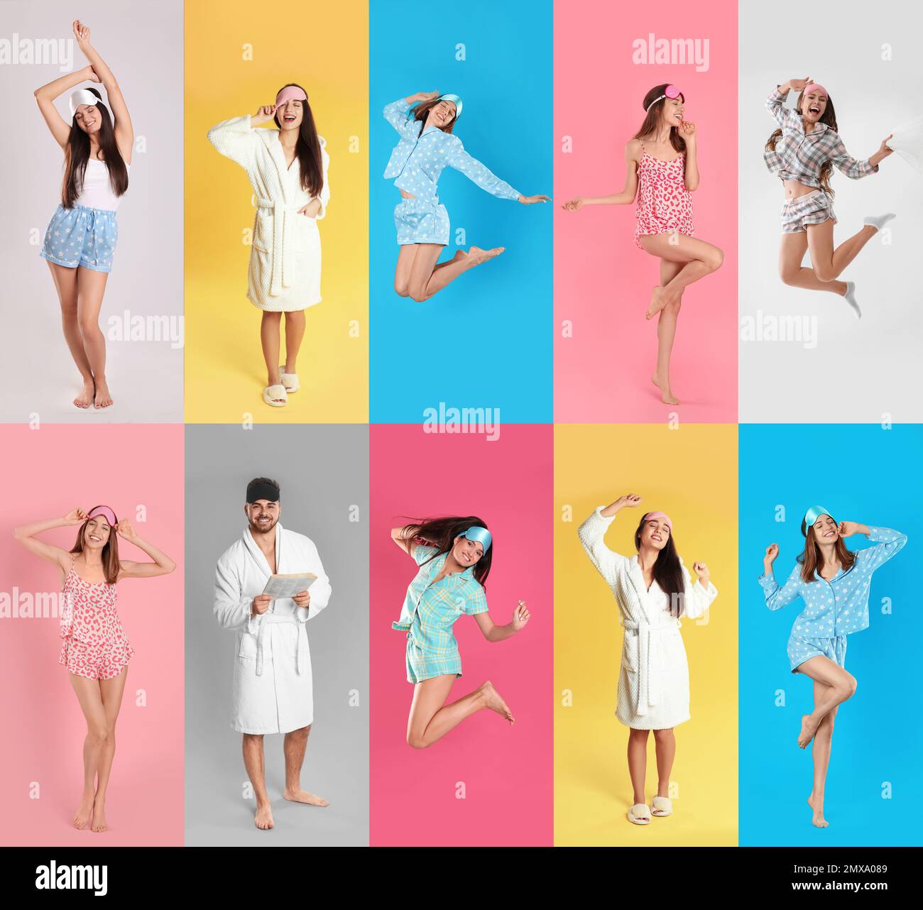 Collage of women and man with sleep masks on color background. Bedtime ...