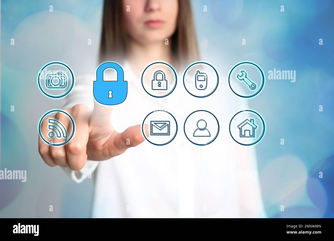 Home security concept. Woman touching digital lock symbol, closeup ...