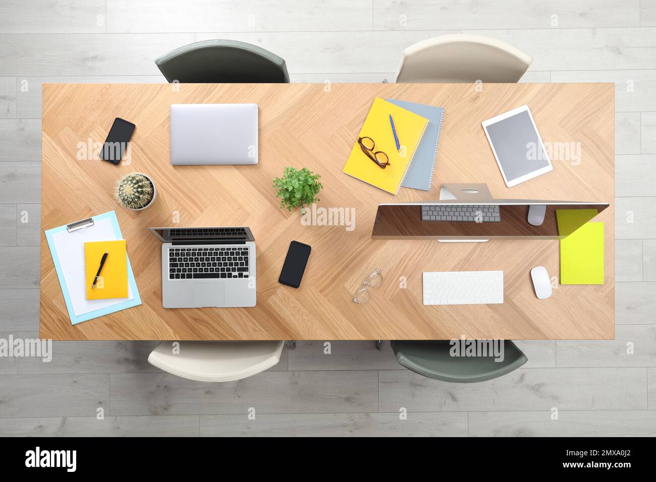 Modern office table with devices and chairs, top view Stock Photo - Alamy