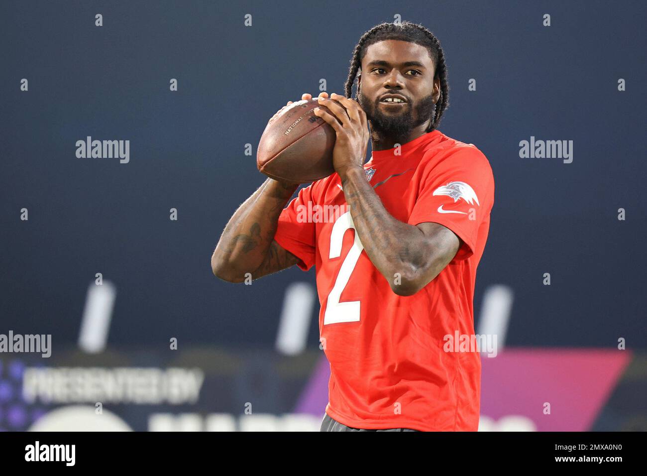 AFC quarterback Tyler Huntley (2) of the Baltimore Ravens throws a ball ...
