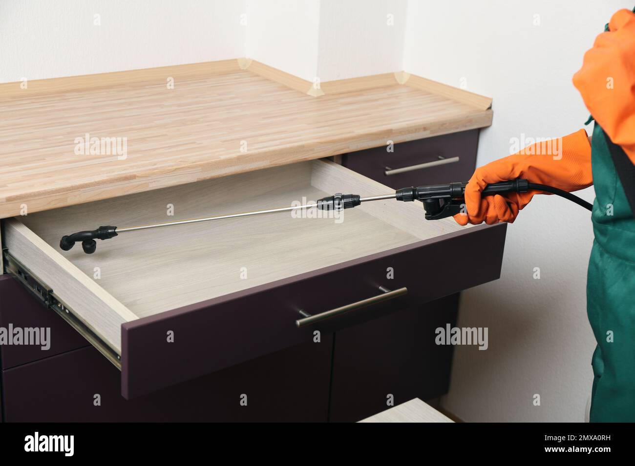 Pest control worker spraying pesticide on furniture indoors, closeup ...