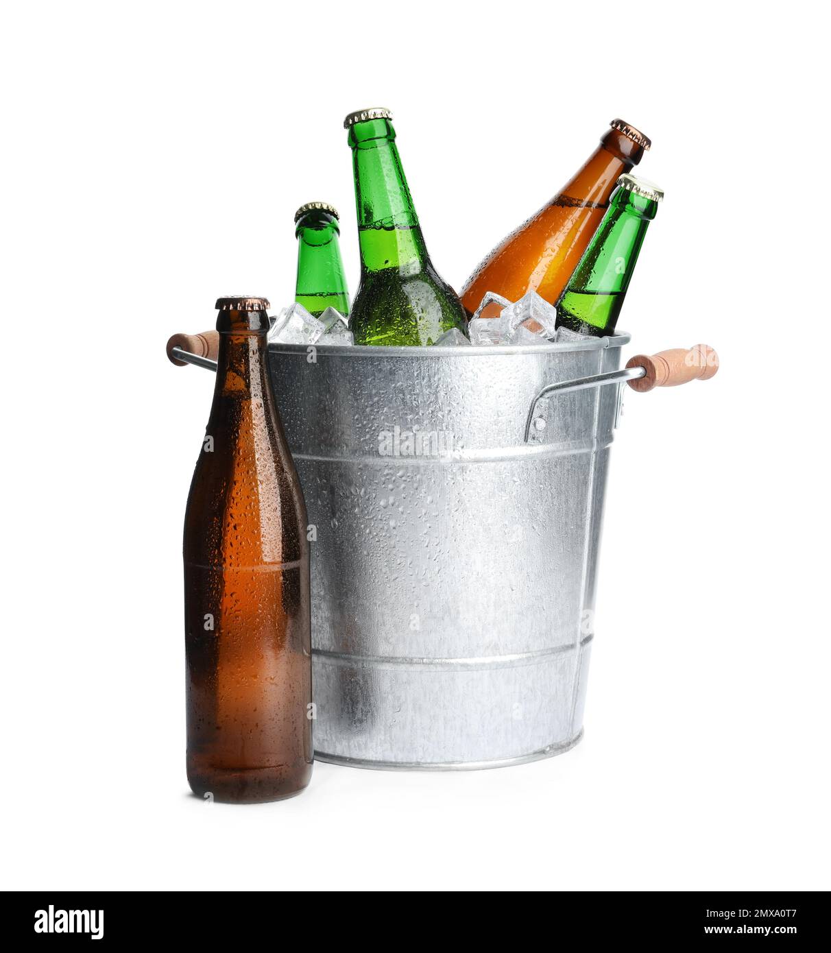 Metal bucket with bottles of beer and ice cubes isolated on white Stock ...